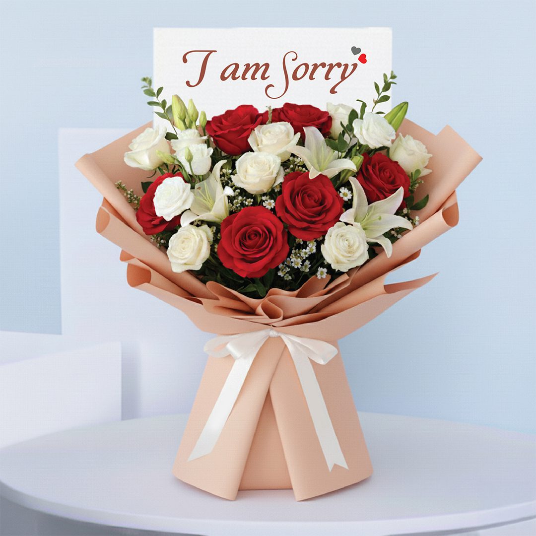 I am Sorry Bouquet | Red & White Roses