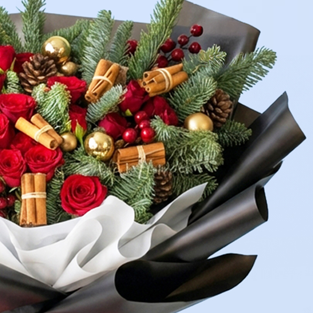 Red Rose Christmas Bouquet | Festive Cinnamon Bouquet