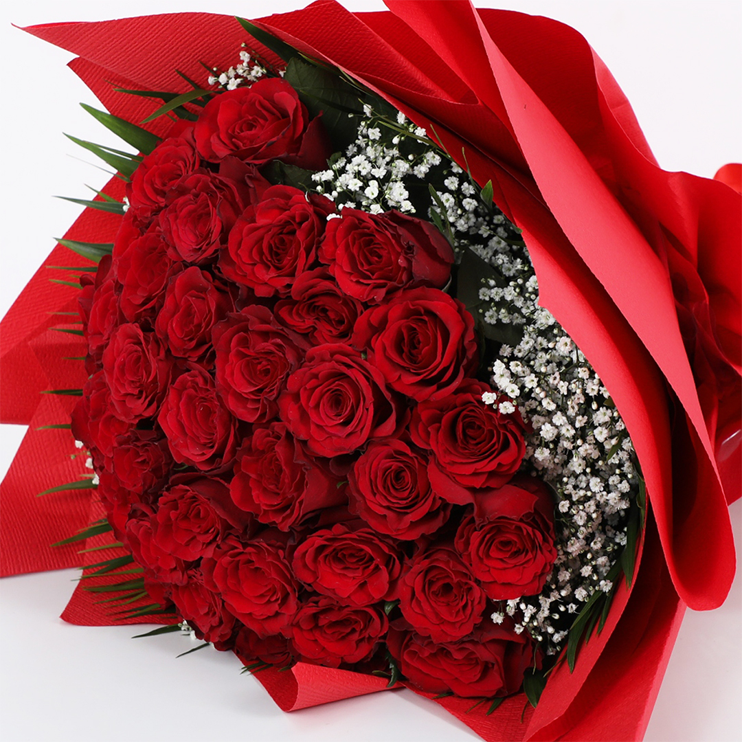 30 Red Roses Bouquet with Gypso | Valentine’s Day Roses