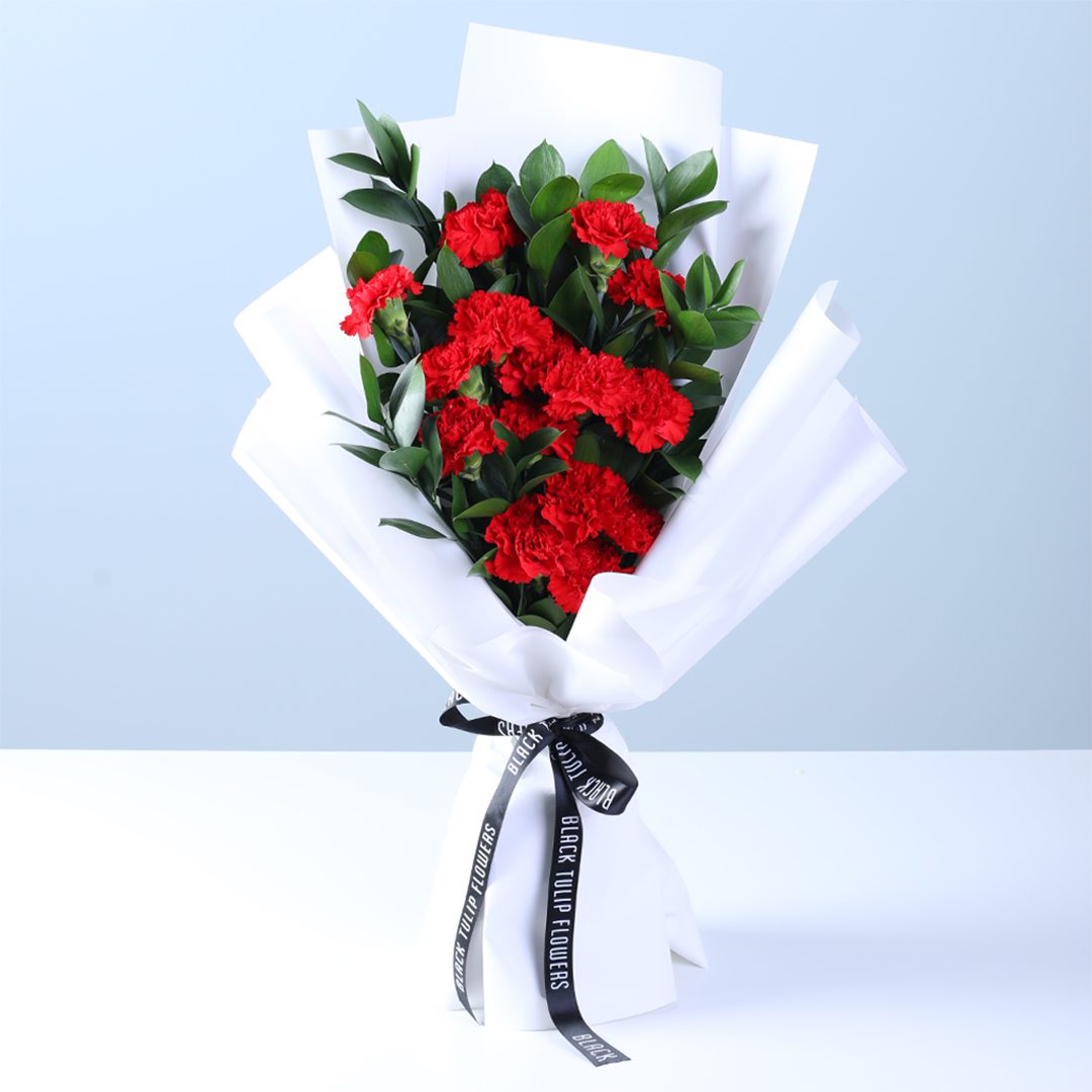 20 Red Carnations Bouquet with Ruscus | Valentine’s Day Flowers