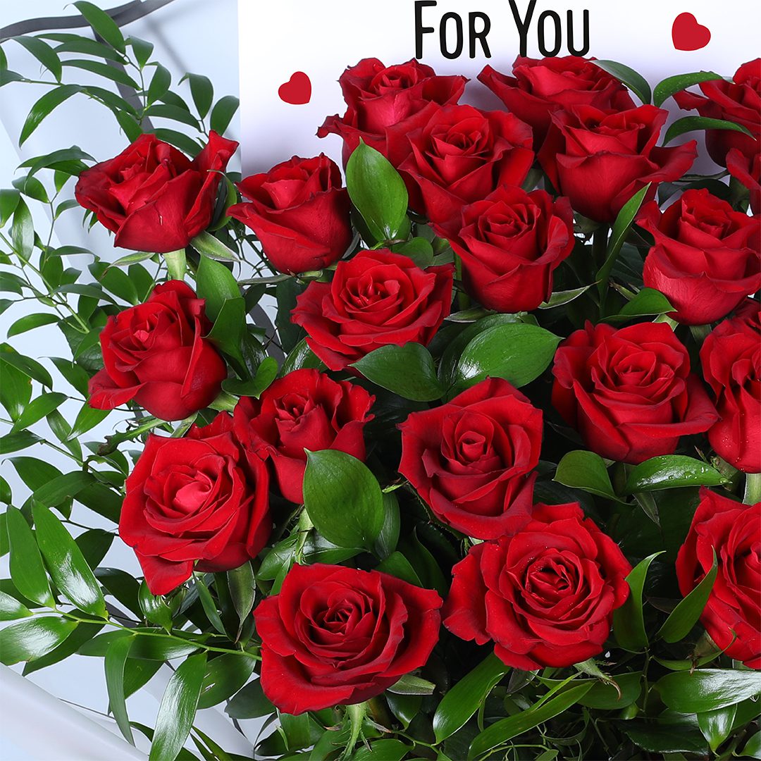 25 Red Roses in Clear Wrap | Romantic Red Bouquet