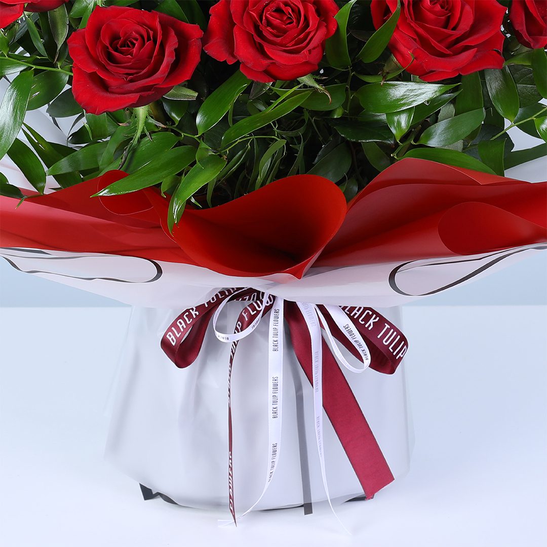 25 Red Roses in Clear Wrap | Romantic Red Bouquet