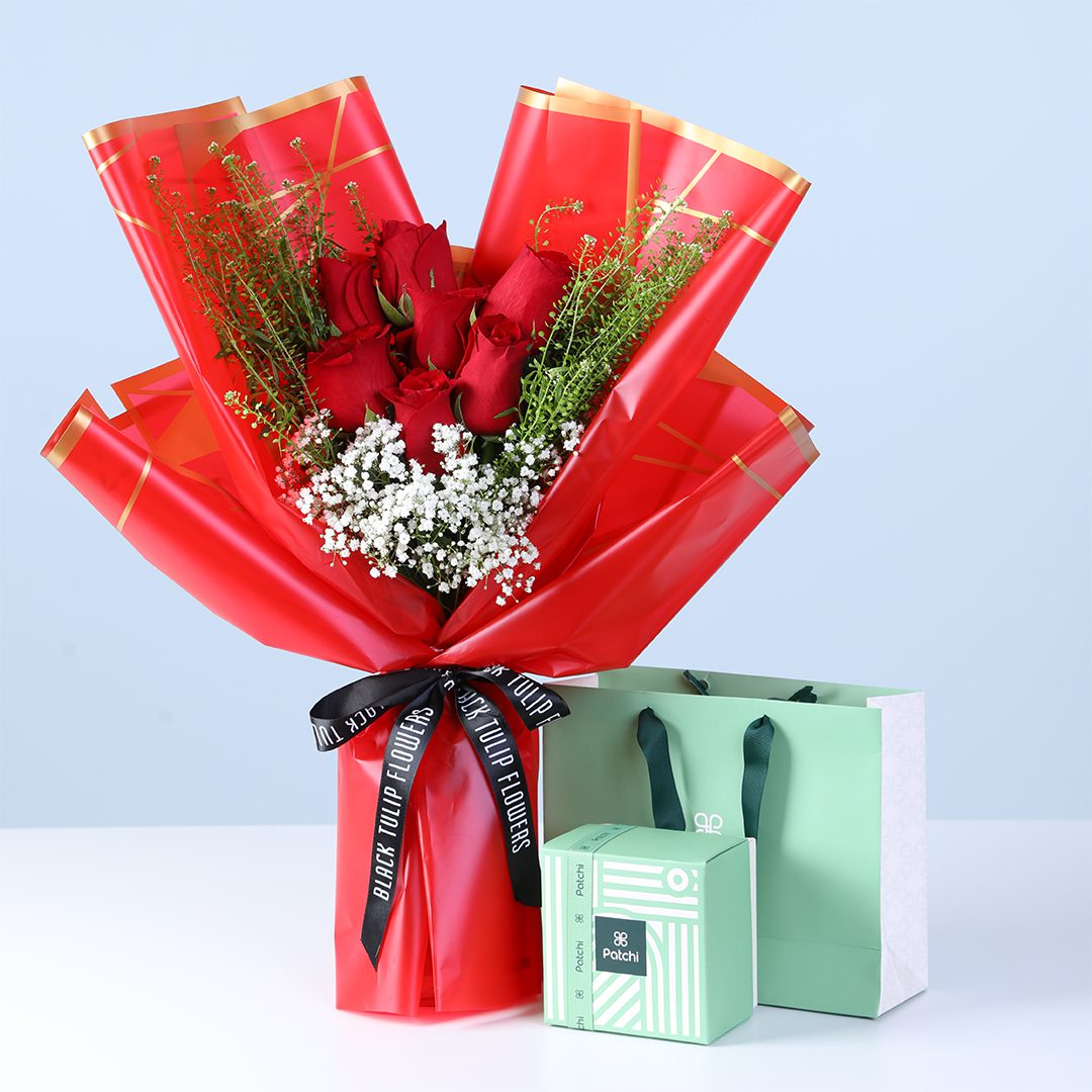 25 Red Roses Peach Wrap with Patchi Chocolate Gift Bag
