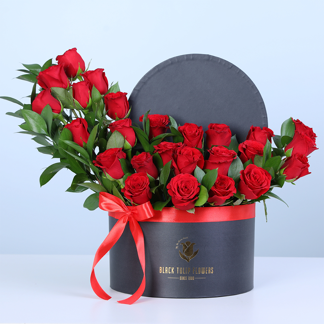 25 Red Roses box with Greenery | Valentine Gift Flowers