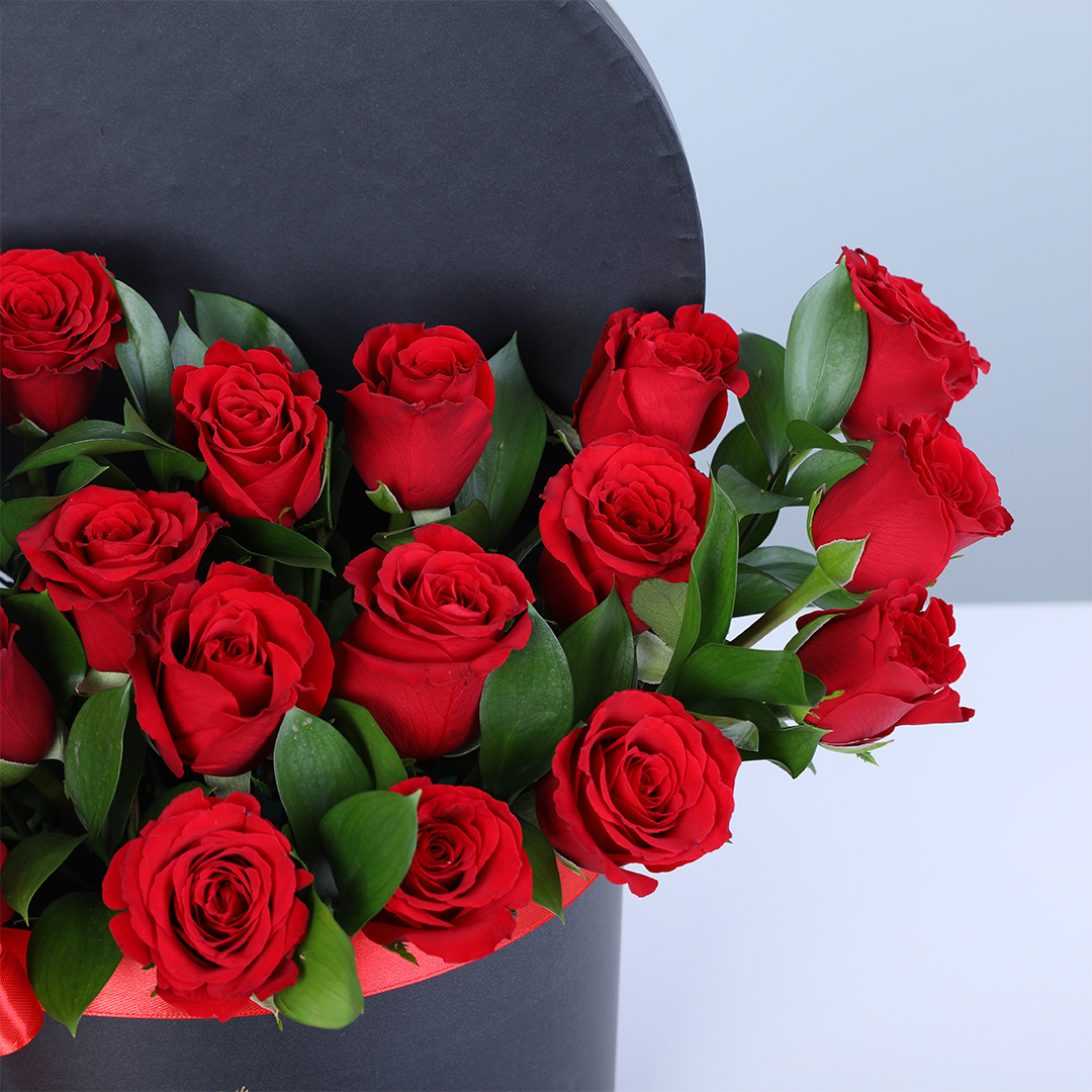 25 Red Roses box with Greenery | Valentine Gift Flowers