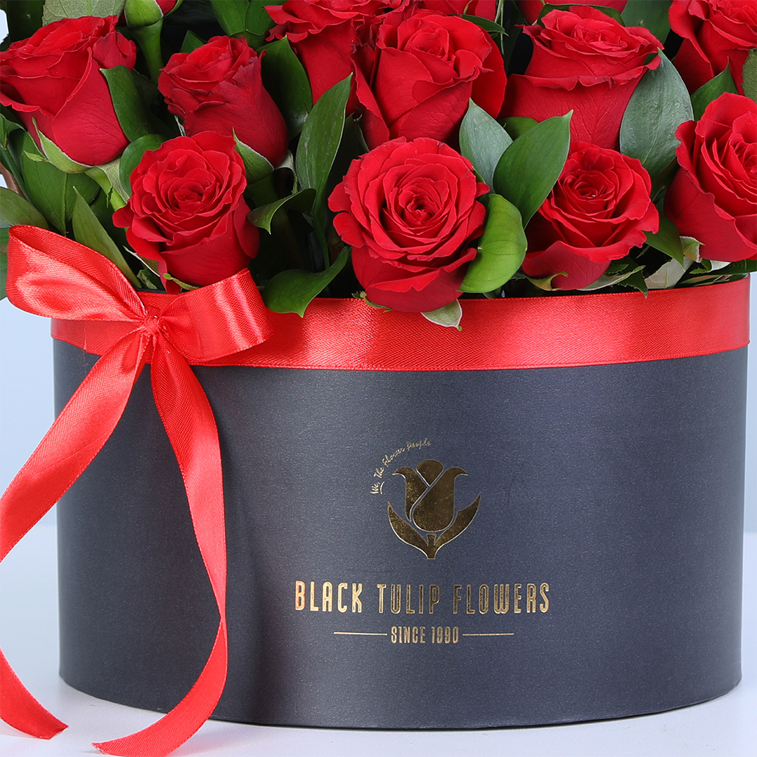 25 Red Roses box with Greenery | Valentine Gift Flowers
