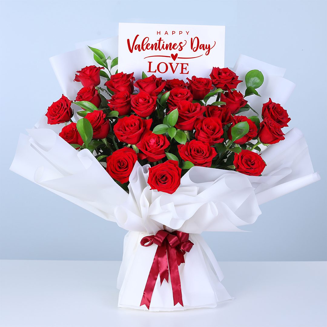 25 Red Roses in White Wrap | Romantic Rose Bouquet