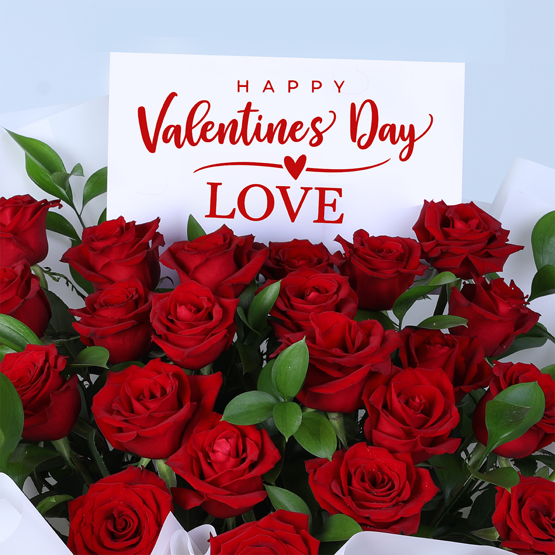 25 Red Roses in White Wrap | Valentine Rose Bouquet