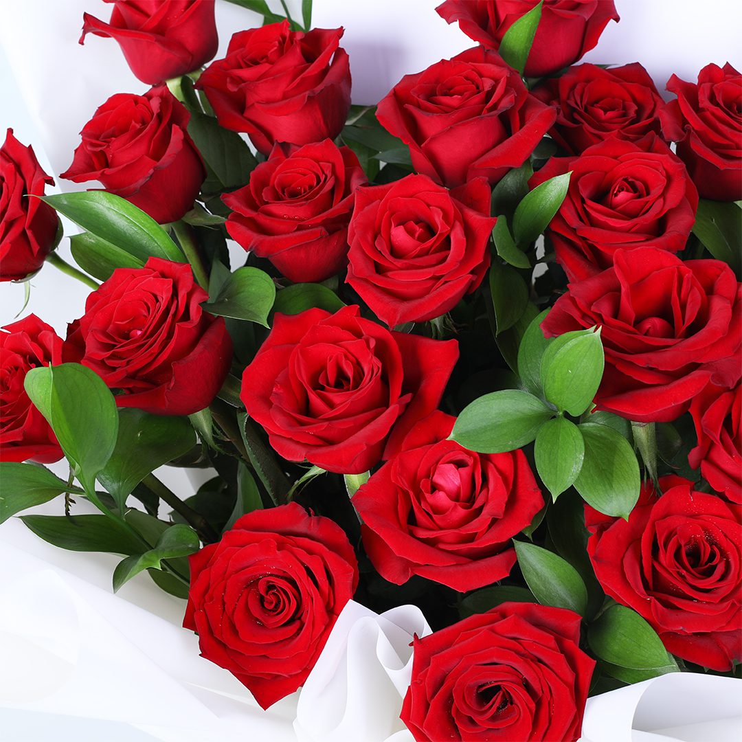25 Red Roses in White Wrap | Romantic Rose Bouquet