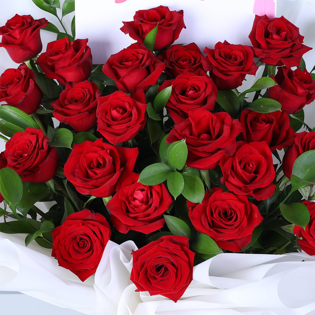 25 Red Roses in White Wrap | Romantic Rose Bouquet