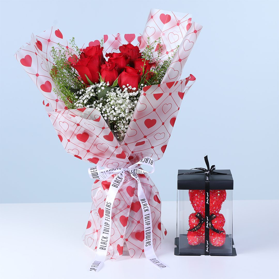 7 Red Roses & Boxed Teddy | Valentine Combo UAE