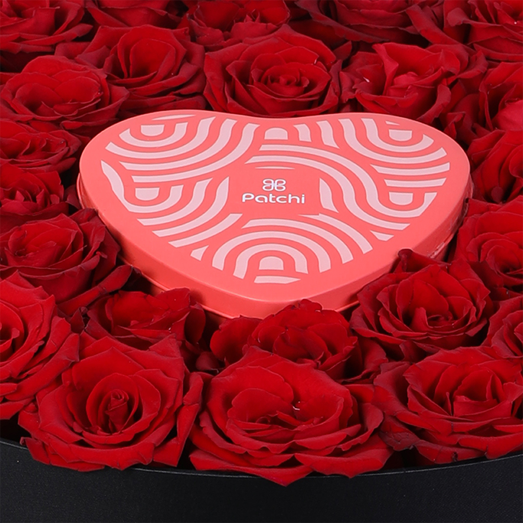 Red Roses Box with Patchi Heart & Heart Balloon