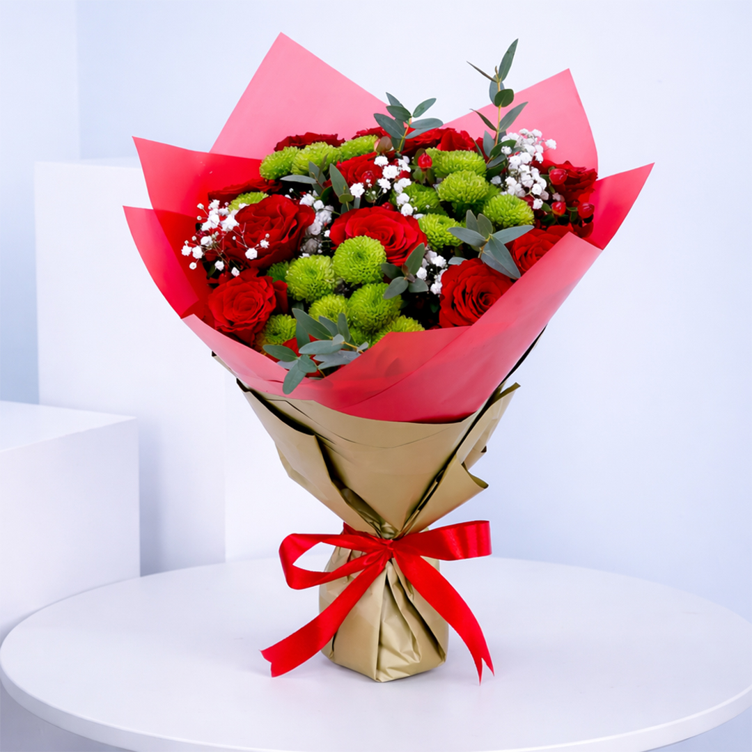 Red Roses & Green Mums Valentine Bouquet