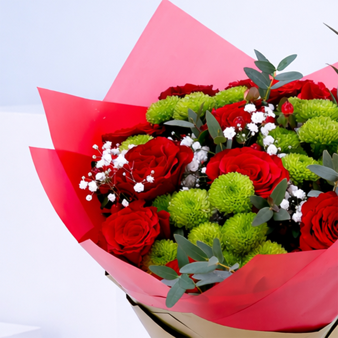 Red Roses & Green Mums Valentine Bouquet