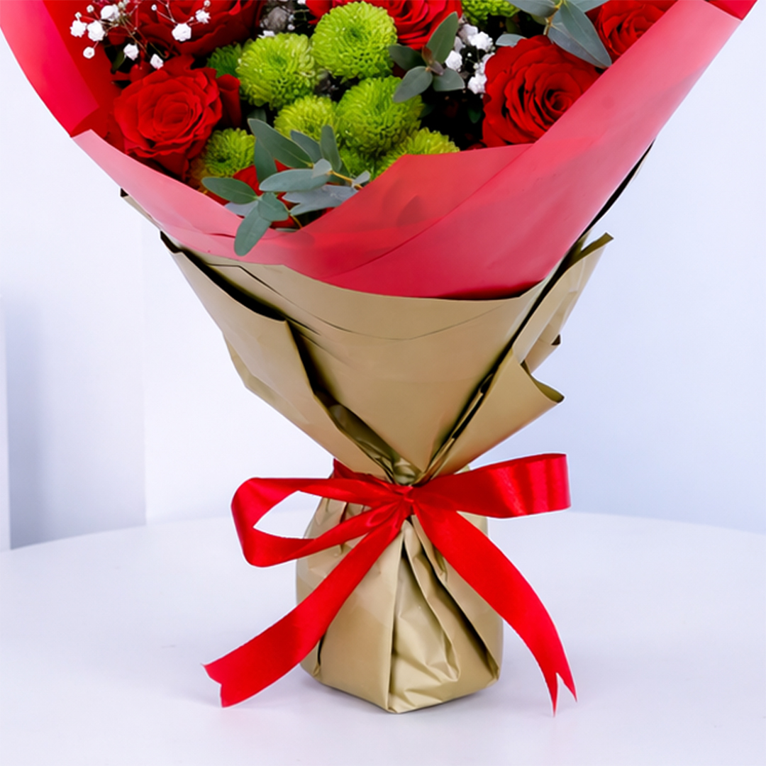 Red Roses & Green Mums Valentine Bouquet