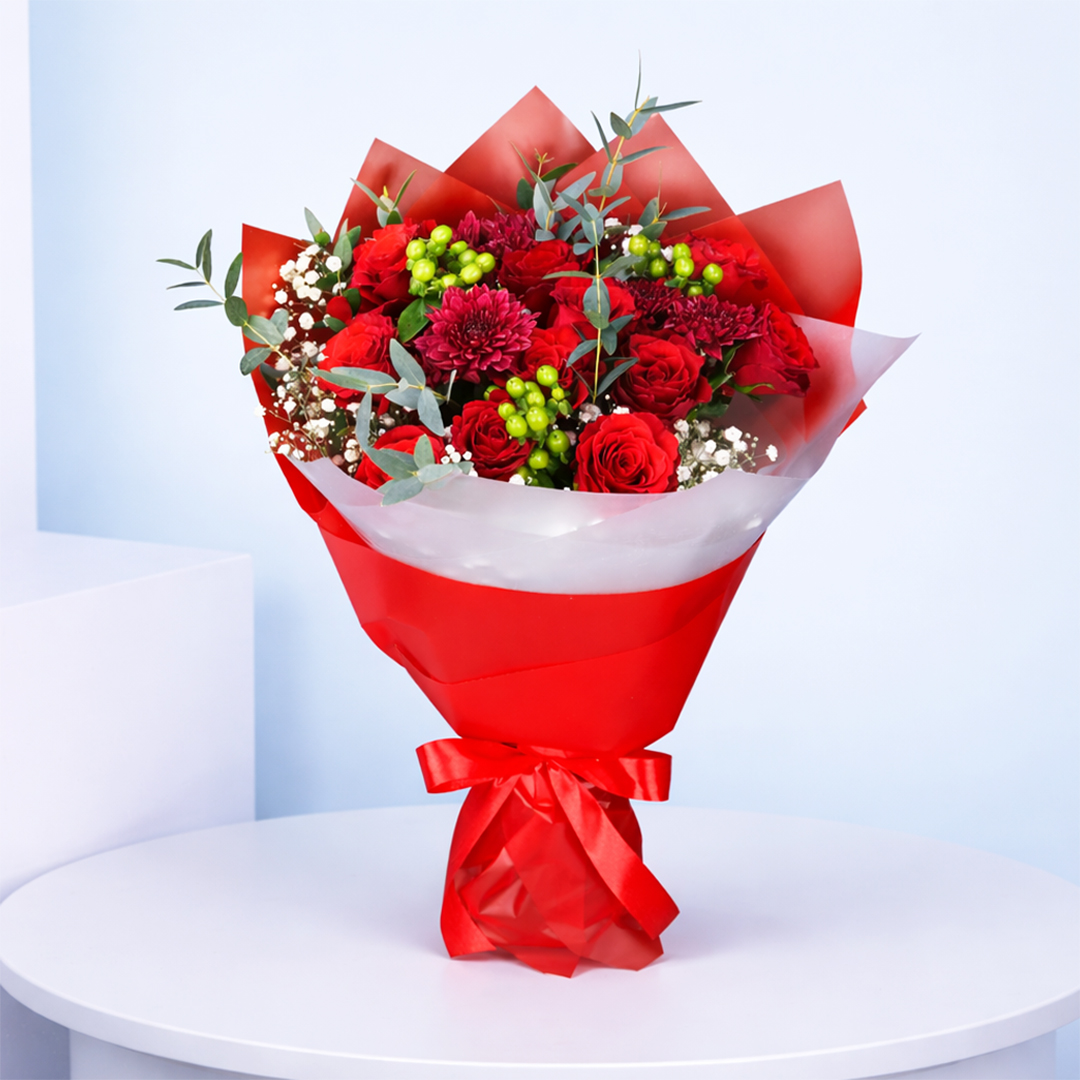 Classic Red Roses & Mums Floral Bouquet