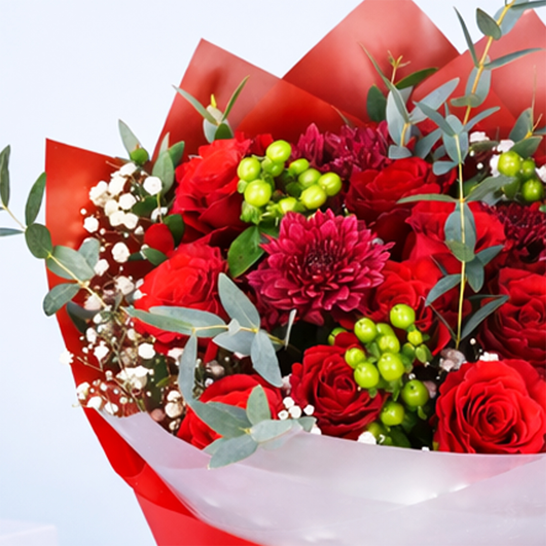 Classic Red Roses & Mums Floral Bouquet