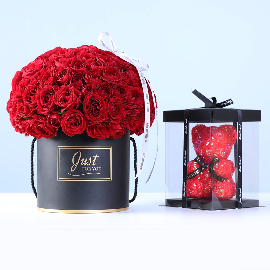30 Spray Roses Box & Teddy | Valentine Delivery UAE